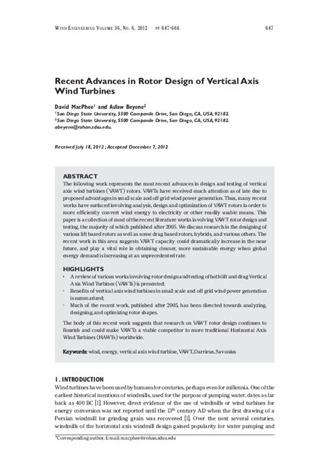 Pdf Recent Advances In Rotor Design Of Vertical Axis Wind Turbines