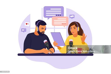 스튜디오에서 마이크 녹음 팟 캐스트에 이야기 팟 캐스트 테이블 플랫 벡터 일러스트레이션이 있는 라디오 호스트입니다 Dj에 대한 스톡 벡터 아트 및 기타 이미지 Istock