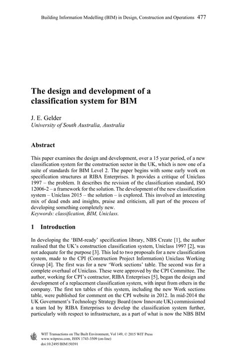 Pdf The Design And Development Of A Classification System For Bim