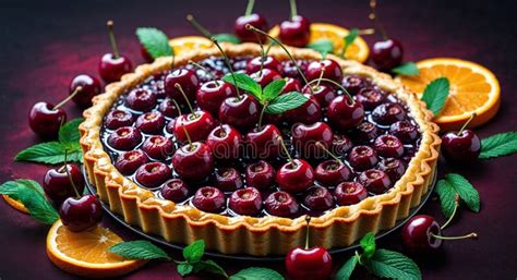 Fresh Cherry Tart On Dark Background With Garnishes And Fruits Stock