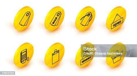 세트 라인 장바구니 텍스트 닫힘 종이 쇼핑백 Pos 터미널 삽입 신용 카드 오픈 도어 빈 라벨 템플릿 가격표 가격 비문 판매 및 아이콘과 교수형 기호 벡터 3차원 형태에