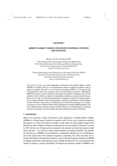 Pdf Hidden Markov Models For Spatio Temporal Pattern Recognition
