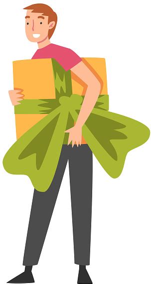 큰 선물 상자를 들고 웃는 남자 휴일 기호와 행복한 사람 생일 개념 만화 스타일 벡터 일러스트 남자에 대한 스톡 벡터 아트 및