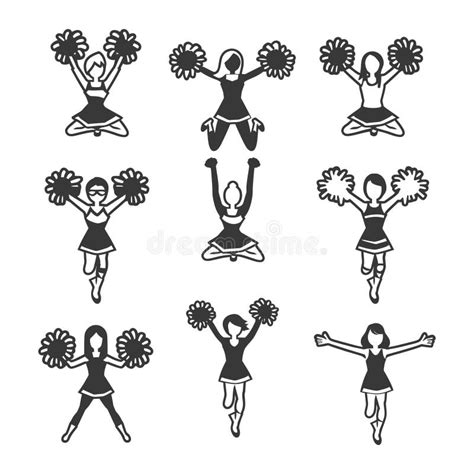Cheerleader Girl Poses Collection Of Nine Silhouettes Stock Vector
