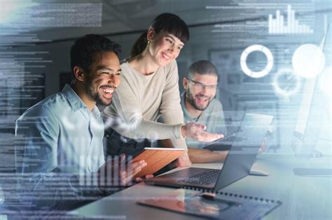 Premium Photo Teamwork Laptop Hologram And People Success In Data