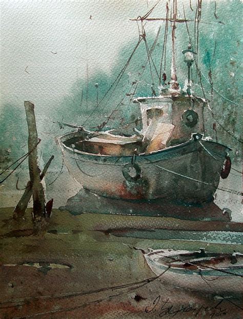 Dusan Djukaric Fisherman Boats Watercolor Watercolor Landscape