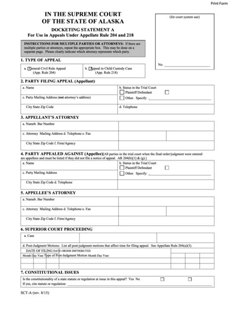 Fillable Docketing Statement A For Use In Appeals Under Appellate Rule 204 And 218 Printable Pdf