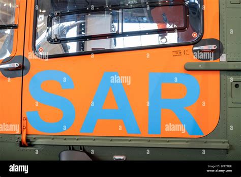 Detailed View Of A Rescue Helicopter With The Inscription Sar For Search And Rescue Stock Photo