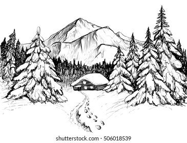 80 381 Black White Drawing Snow Scenes Royalty Free Images Stock