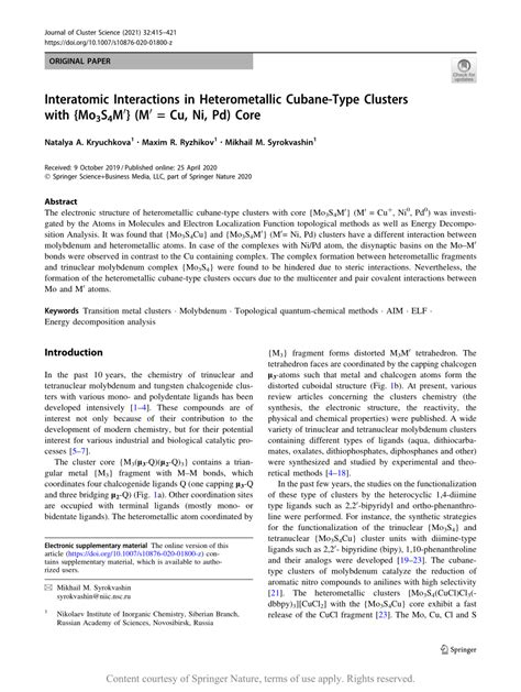 interatomic interactions in heterometallic cubane type clusters with