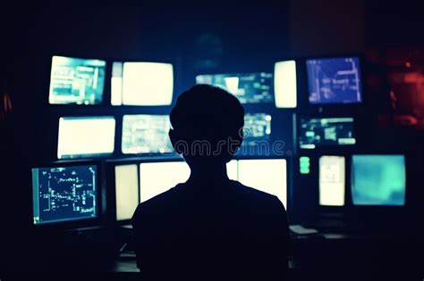 Focused Programmer Working Late Multiple Computer Screens Stock Photos ...