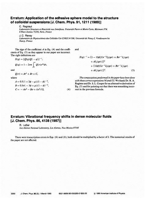 Erratum Application Of The Adhesive Sphere Model To The Structure Of