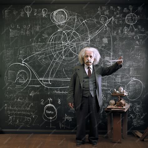 Albert Einstein Stands In Front Of A Blackboard Premium Ai Generated