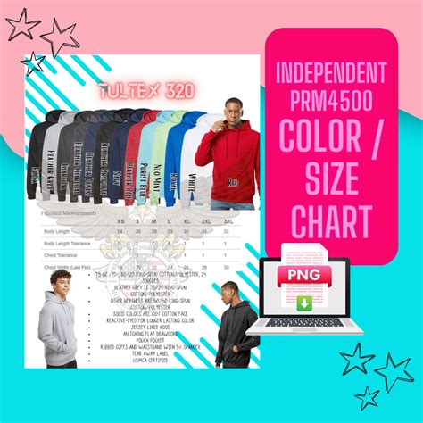 Size Color Chart Tultex 320 Hooded Sweatshirt Digital Download Etsy
