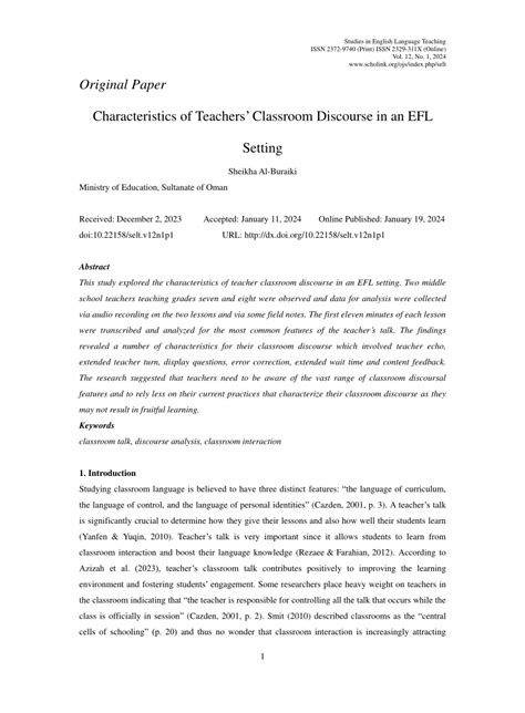 Pdf Characteristics Of Teachers Classroom Discourse In An Efl Setting