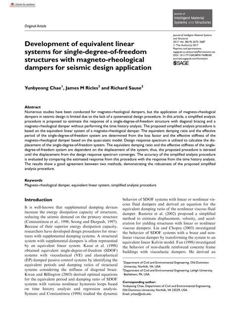 Pdf Development Of Equivalent Linear Systems For Single Degree Of Freedom Structures With Pdf Development Of Equivalent Linear Systems For Single Degree Of Freedom Structures With