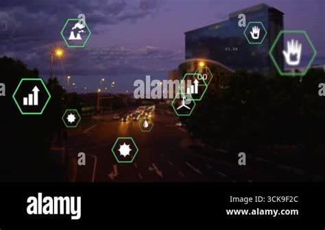 Dimming Sky Initiating Hexagon Icons Appearing Above Traffic With Code Animating Emissions