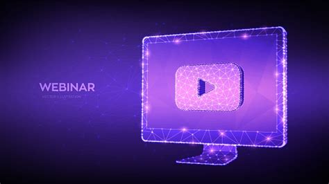 세미나 웨비나 아이콘이 있는 추상적 인 낮은 다각형 컴퓨터 모니터 인터넷 컨퍼런스 웹 기반 세미나 거리 학습 E러닝 교육