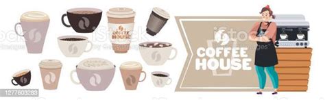 카페 커피 하우스 컨셉 전체 길이 수평 벡터 일러스트레이션에서 제복을 입은 여성 바리스타 가공의 인물에 대한 스톡 벡터 아트 및 기타 이미지 가공의 인물 가정 주방