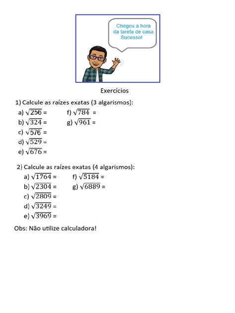 Exercícios Raiz Quadrada Pdf