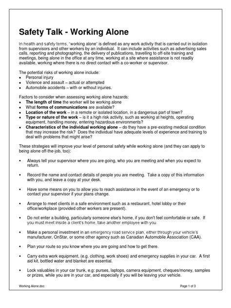 Working Alone Safety Policy Template