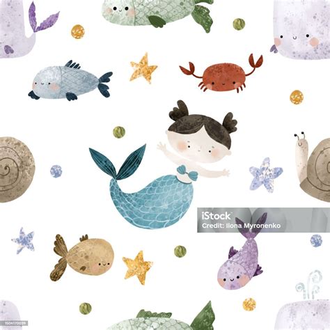 귀여운 인어 아이 일러스트 아이 패션을 위한 유치한 그래픽 보헤미안 바다 생물 티셔츠 프린트 및 디자인 포스터 카드 스티커 장식 및 의류 0명에 대한 스톡 벡터 아트 및