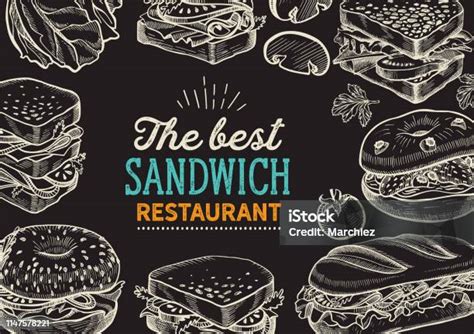 샌드위치 일러스트베이글 간식 햄버거 레스토랑 카페와 패스트 푸드 트럭에 대 한 벡터 손으로 그린 포스터입니다 레터링과 낙서