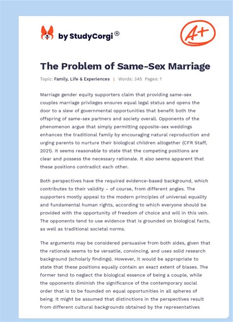 The Problem Of Same Sex Marriage Free Essay Example