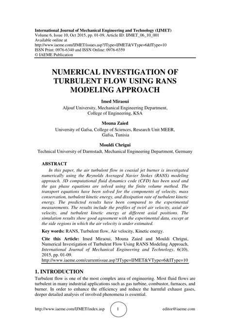 Pdf Numerical Investigation Of Turbulent Flow Using Rans Modeling
