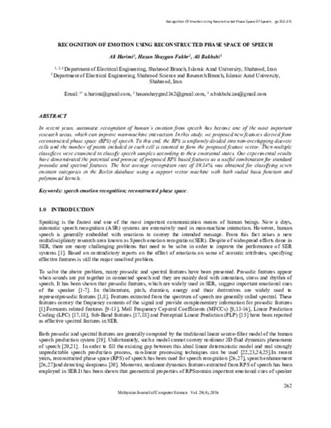Pdf Recognition Of Emotion Using Reconstructed Phase Space Of Speech Ali Harimi