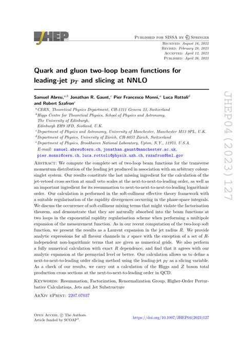 pdf quark and gluon two loop beam functions for leading jet pt and