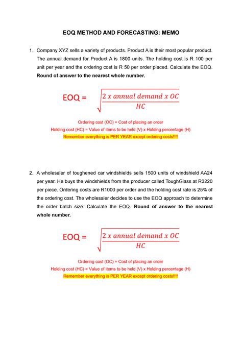 EOQ Method And Forecasting Question And Memo EOQ METHOD AND FORECASTING MEMO Company XYZ