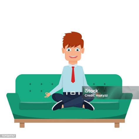 소파에 앉아 명상 하는 사업가 평면 벡터 일러스트 레이 션 건강한 생활방식에 대한 스톡 벡터 아트 및 기타 이미지 건강한 생활방식 기업 비즈니스 남자 Istock