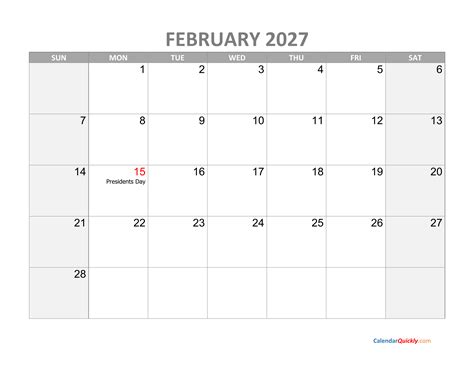 February Calendar 2027 With Holidays Calendar Quickly