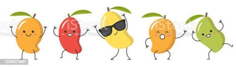 설정 망고 열대 과일 캐릭터 만화 색상 노란색 빨간색 오렌지 녹색 행복 댄스 미소 얼굴 감정 아이콘 벡터 일러스트 망고에 대한 스톡 벡터 아트 및 기타 이미지 Istock