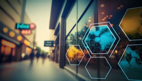 Digital Composite Of Hexagon Interface Against Blurry People Walking In Shopping Mall Stock