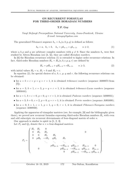 Pdf On Recurrent Formulas For Third Order Horadam Numbers