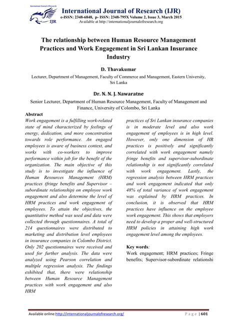 Pdf The Relationship Between Human Resource Management Practices And Work Engagement In Sri