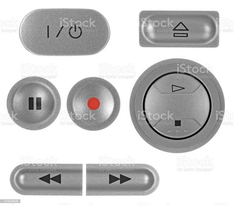 천연 실버 그레이 메탈릭 오디오 비디오 레코더 플레이어 버튼 및 노브 세트 대형 세부 격리 제어 플랫 레이 매크로 근접 촬영 Dvd 플레이어에 대한 스톡 벡터 아트 및 기타