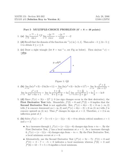 Solutions Key For Exam 3 Honors Engineering Mathematics I Math 151 Docsity