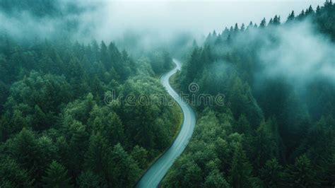 Misty Winding Road Snaking Through A Dense Evergreen Forest Stock