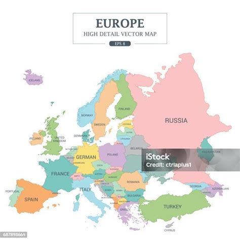 แผนที่ยุโรปสีเต็มรายละเอียดสูงแยกทุกประเทศภาพประกอบเวกเตอร์ ภาพประกอบสต็อก ดาวน์โหลดรูปภาพ