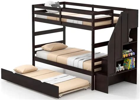 Home Wood Bunk Bed With Guard Rail And 4 Step Storage Stairs No Box