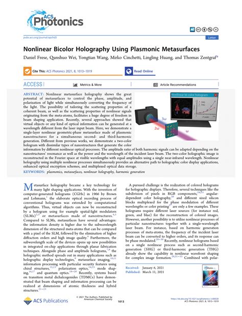 Pdf Nonlinear Bicolor Holography Using Plasmonic Metasurfaces
