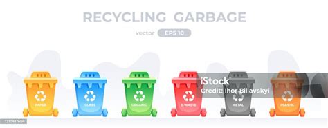 분리 및 재활용 쓰레기와 쓰레기에 대한 용기 다른 종류의 폐기물을 분류하기위한 쓰레기통 여러 가지 색상의 캔 심플한 모던 한 디자인 플랫 스타일 벡터 Eps10 그림입니다