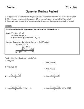 Calculus Summer Assignment By Number Crunching Boutique TPT