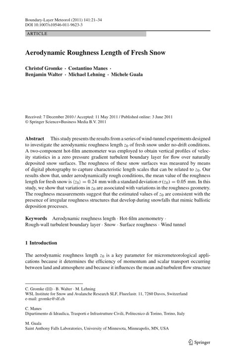 Pdf Roughness Characterization Of And Turbulent Boundary Layer Flow Over Flat Snow Surfaces