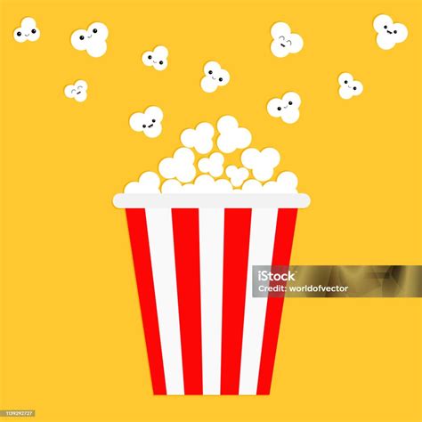 팝콘 터지는 빨간색 노란색 스트립 상자입니다 평면 디자인 스타일에서 영화 영화의 밤 아이콘입니다 눈 웃는 얼굴 귀여운 만화