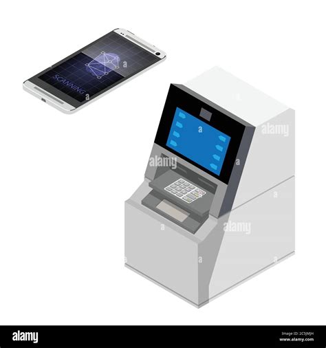 Atm And Smartphone Scanning Fingerprint Isometric View Isolated On