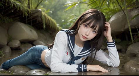 Arafed Asian Woman In A Sailor Outfit Laying On The Ground Seaart Ai